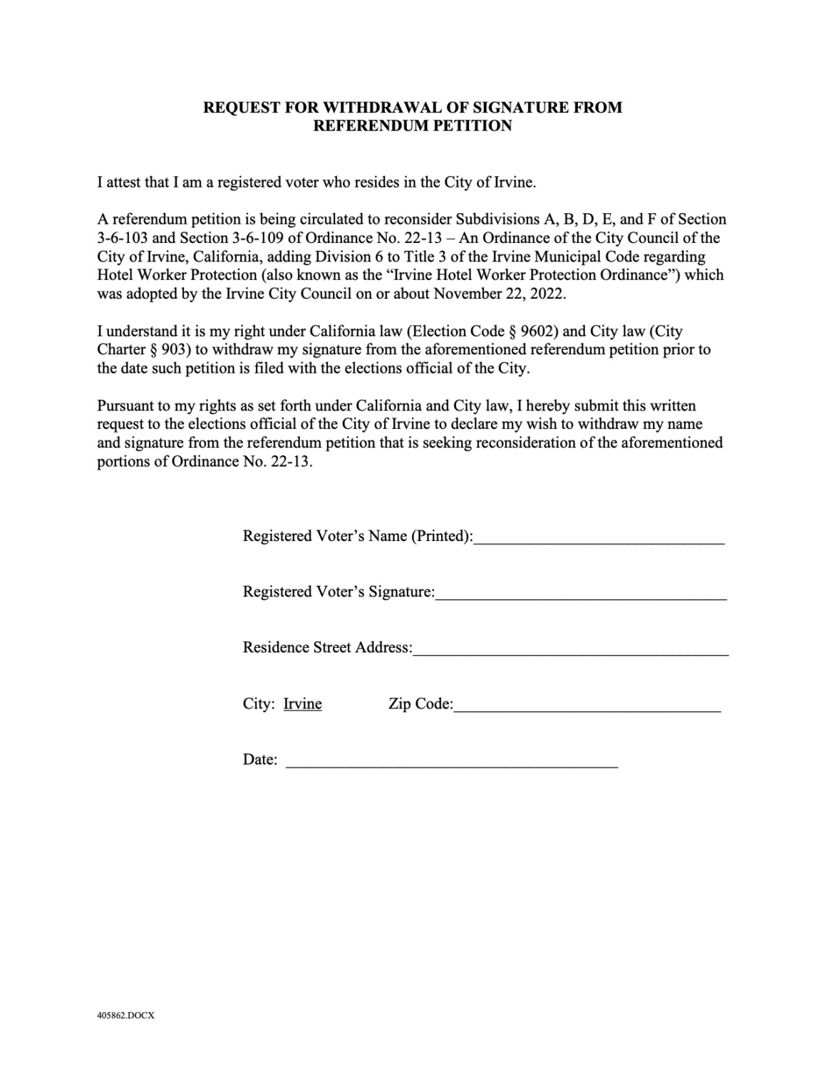 Irvine Referendum Petition Signature Withdrawal Form - UNITE HERE Local 11