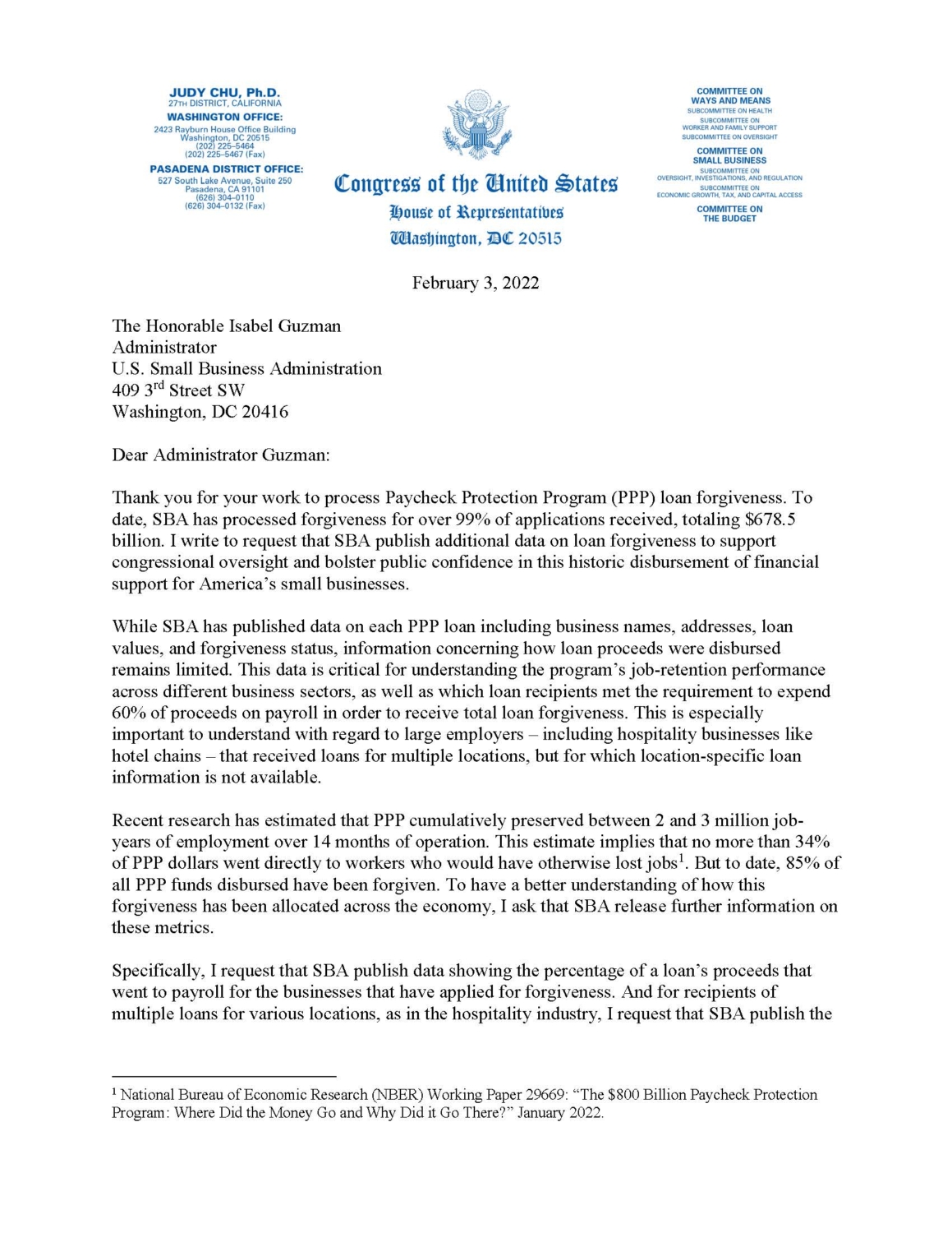 Judy Chu Letter to SBA on PPP Forgiveness Transparency - UNITE HERE ...